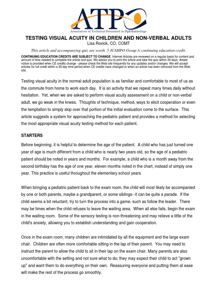 Testing Visual Acuity in Children and Non-Verbal Adults | PDF | Visual ...