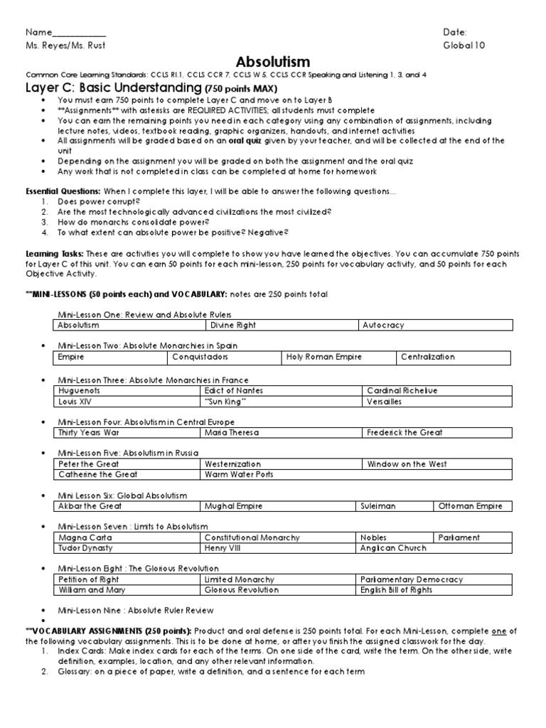 Absolutism Layering Plan | PDF | Absolute Monarchy | Louis Xiv Of France