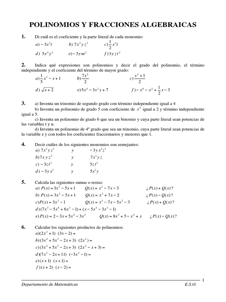 4ESO B-03-Polinomios Y Fracciones Algebraicas Con Soluciones