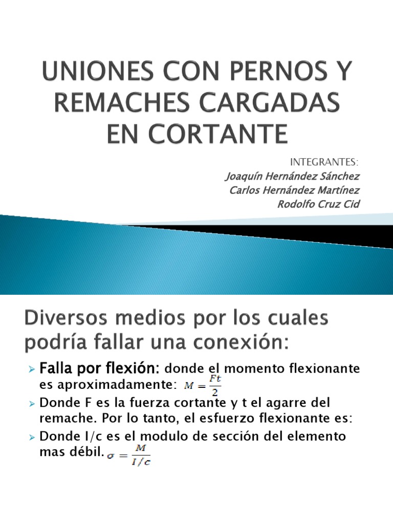 UNIONES CON PERNOS Y REMACHES CARGADAS EN CORTANTE - Exposicion | PDF ...