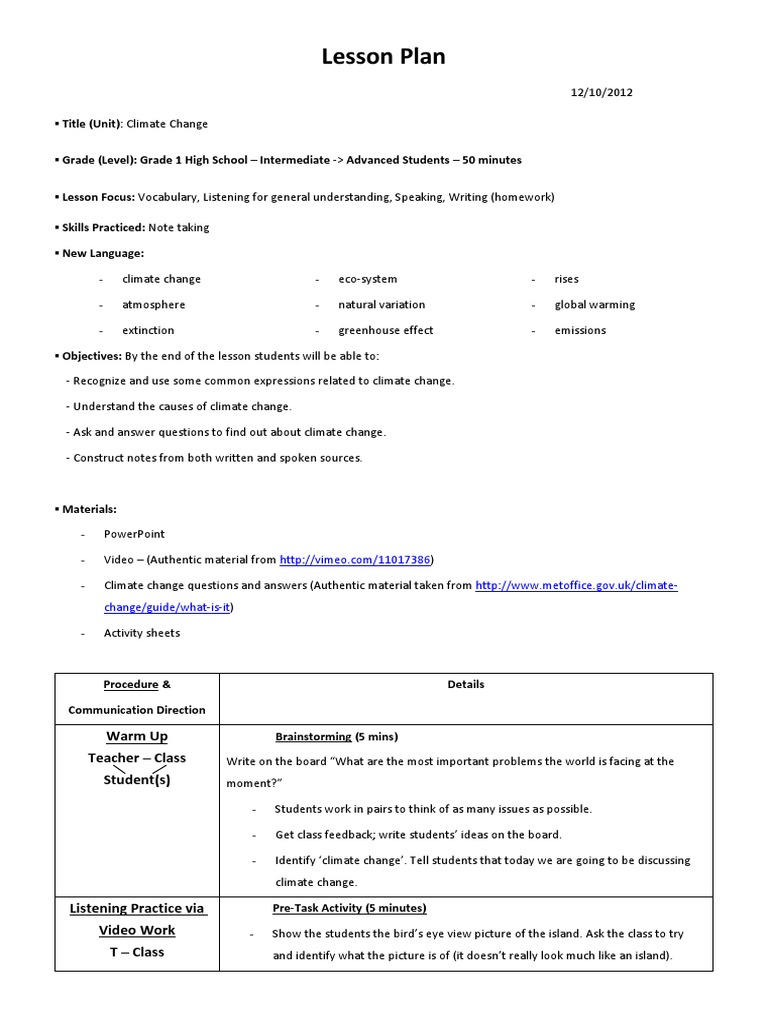 Lesson Plan - Climate Change | PDF | Climate Change | Lesson Plan
