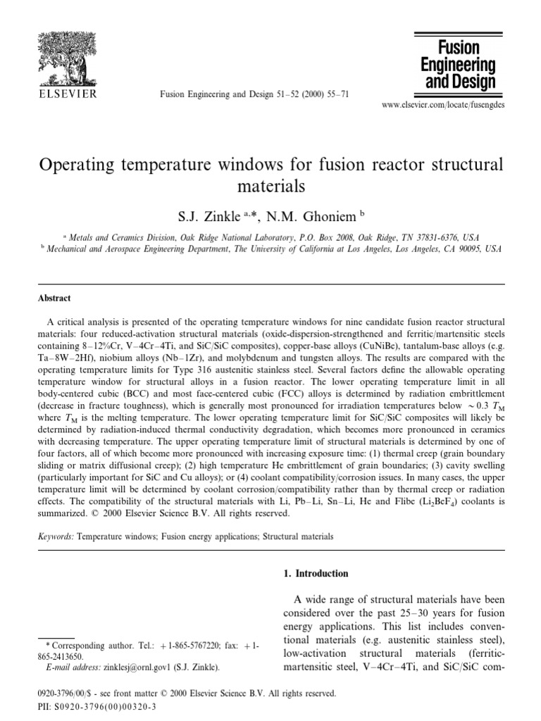 Operating Temperature Windows For Fusion Reactor Structural Materials ...
