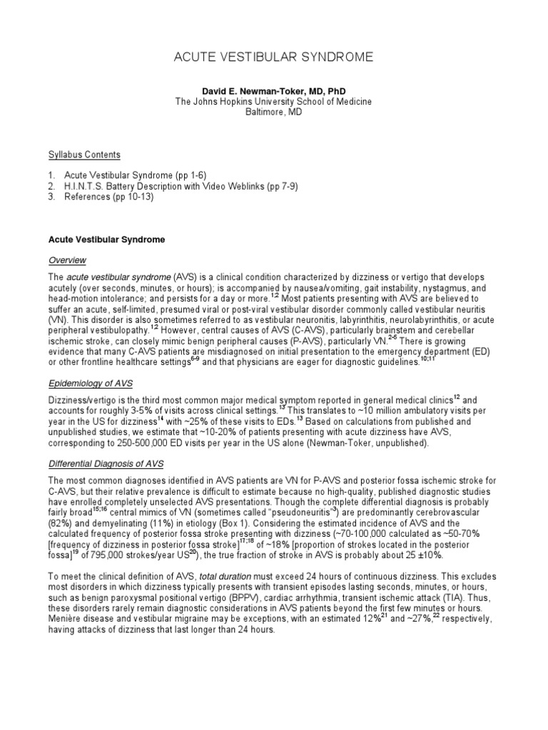 Acute Vestibular Syndrome: David E. Newman-Toker, MD, PHD | PDF ...