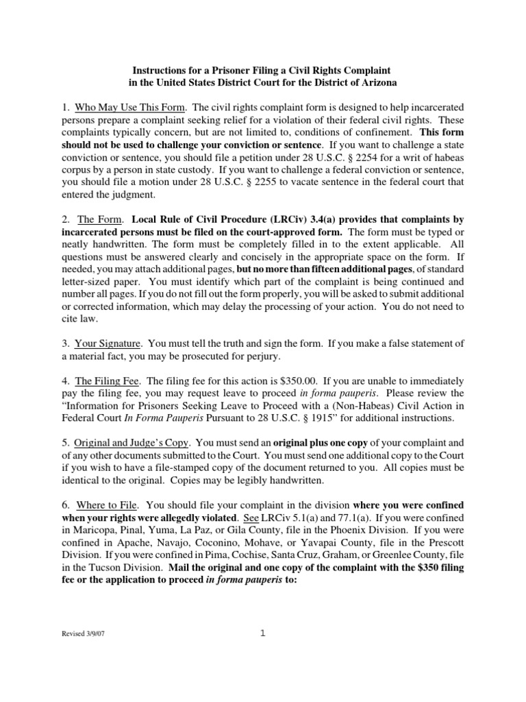 Instructions/form for prisoners filing Section 1983 civil rights suits ...