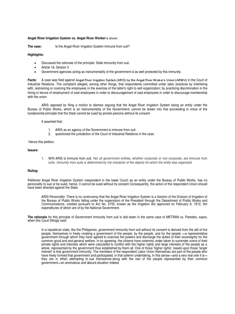 Angat River Irrigation System Vs Angat Worker's Union | PDF | Sovereign ...