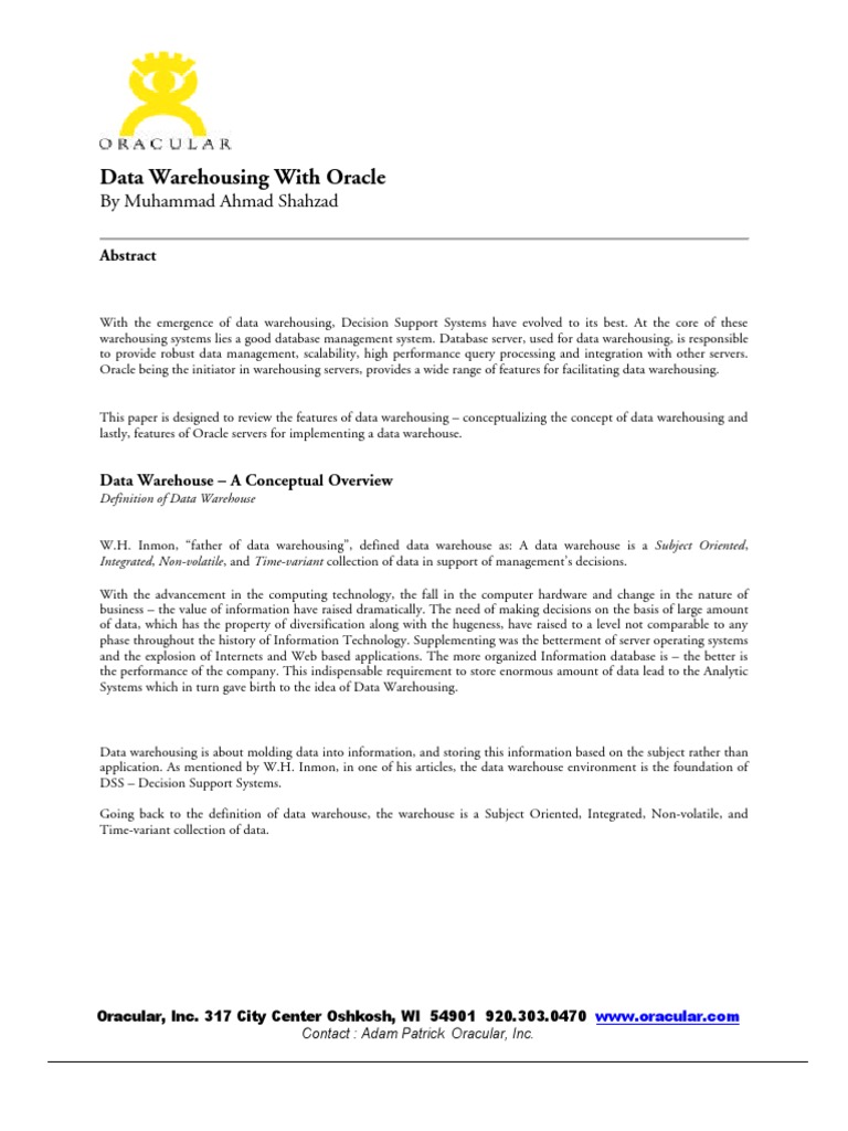 Data Warehousing With Oracle | Download Free PDF | Data Warehouse | Oracle Database
