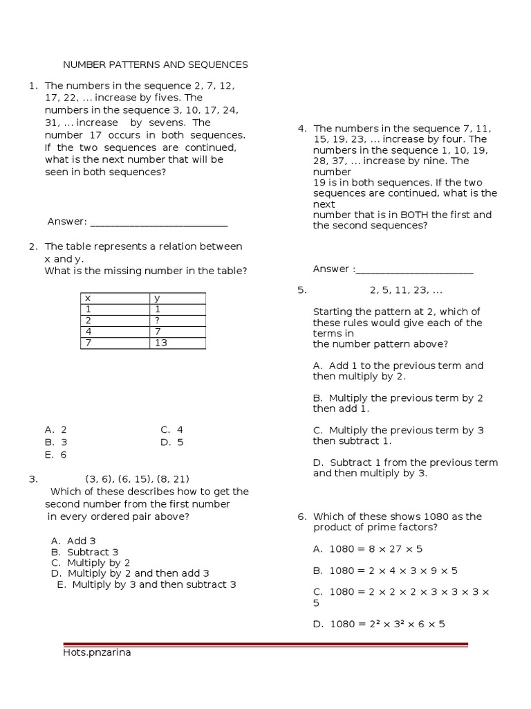 Number Patterns and Sequences Worksheet | PDF | Multiplication | Sequence