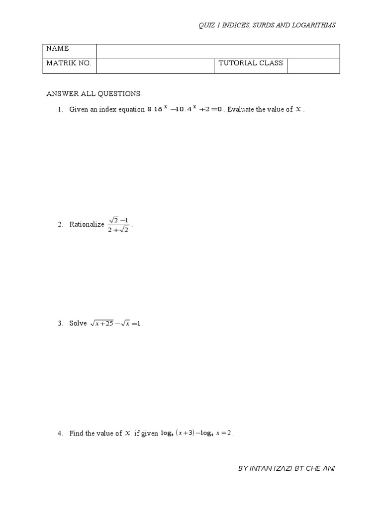 Indices, Surds, and Logarithms Quiz | PDF | Teaching Methods ...