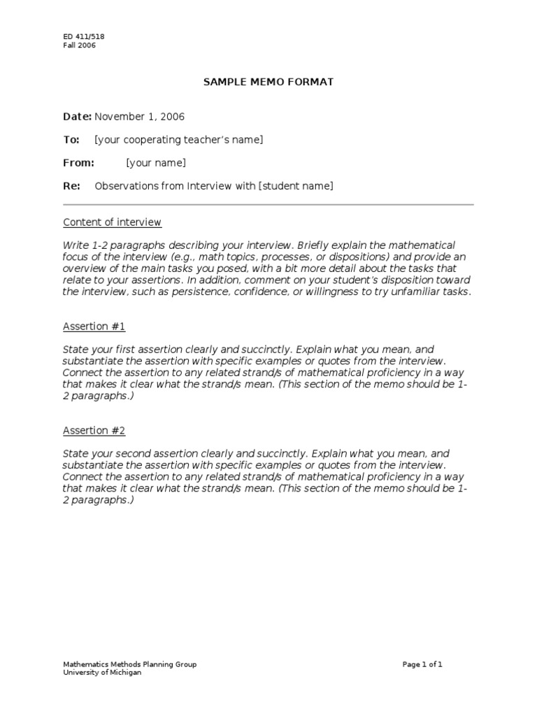 Sample Memo Format: (Your Cooperating Teacher's Name) (Your Name ...