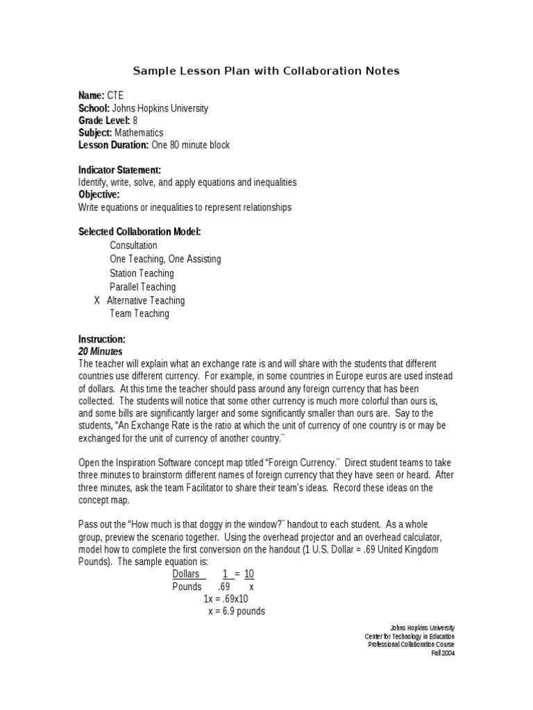 Sample Lesson Plan W Collaboration Notes | PDF | Euro | Exchange Rate