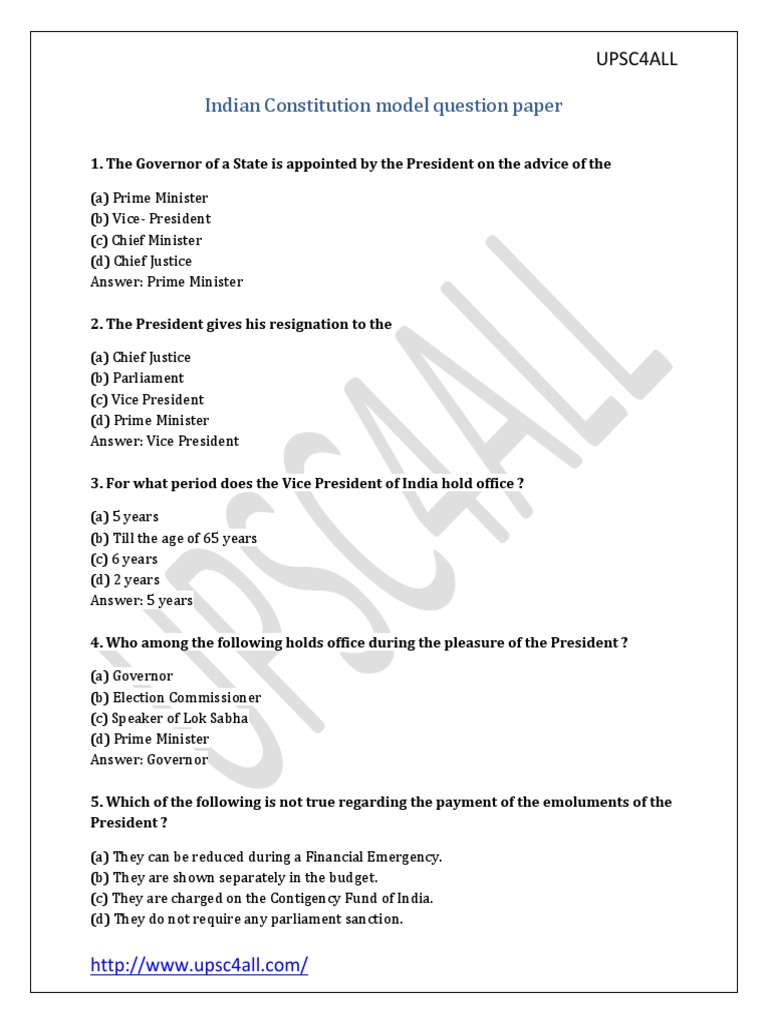 100 Questions On Indian Constitution | PDF | Government Of India ...