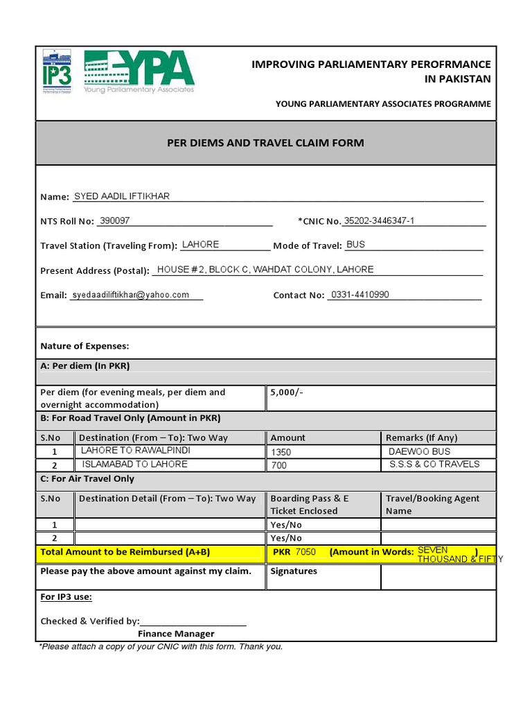 Travel Per Diem Claim Form YPA | PDF | Per Diem | Transport