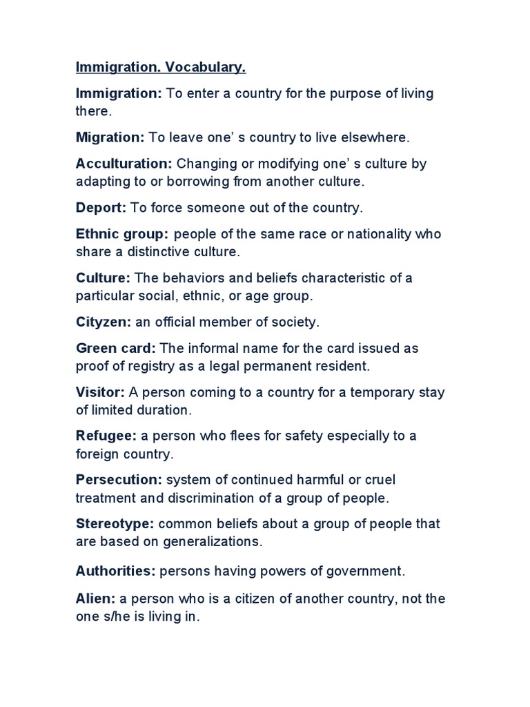 Immigration. Vocabulary. | PDF