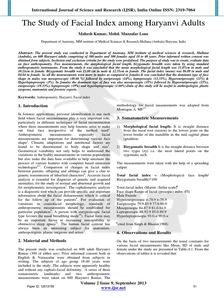 The Study of Facial Index Among Haryanvi Adults | PDF | Anthropometry ...