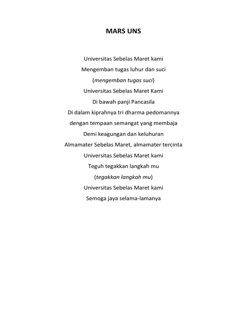 Lirik Mars UNS, Hymdsne UNS, Mars Teknik Osmaru, Mars Mahasiswa | PDF | Agama & Spiritualitas ...