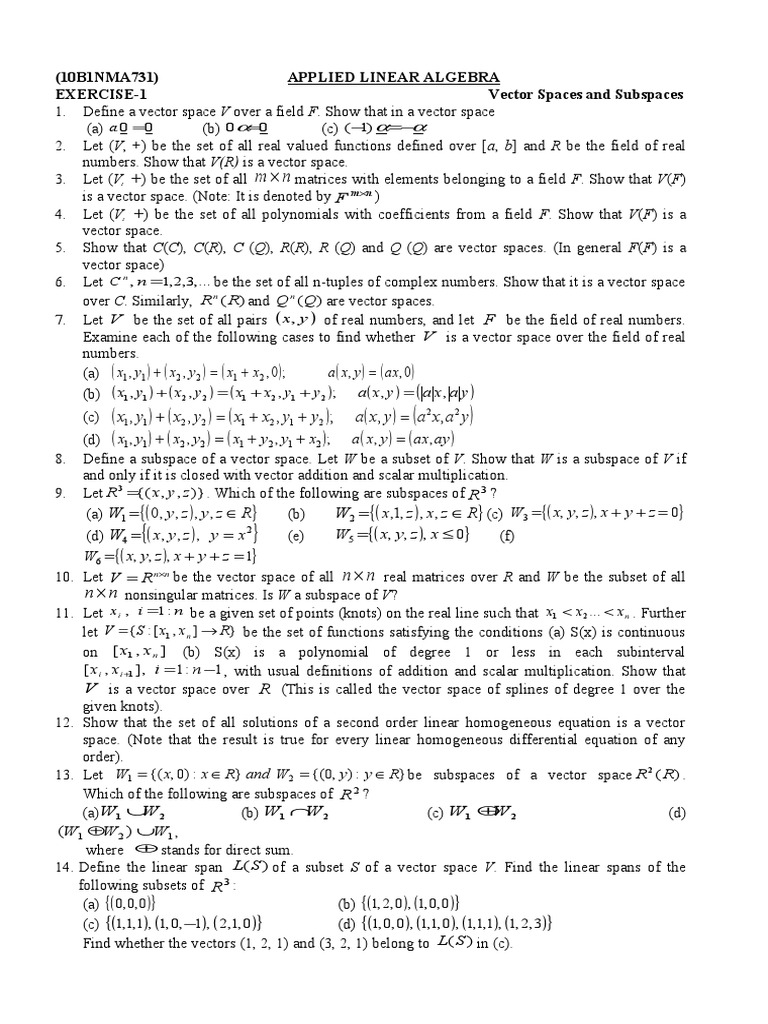 Linear Algebra - Exercise 1 | PDF | Linear Subspace | Vector Space