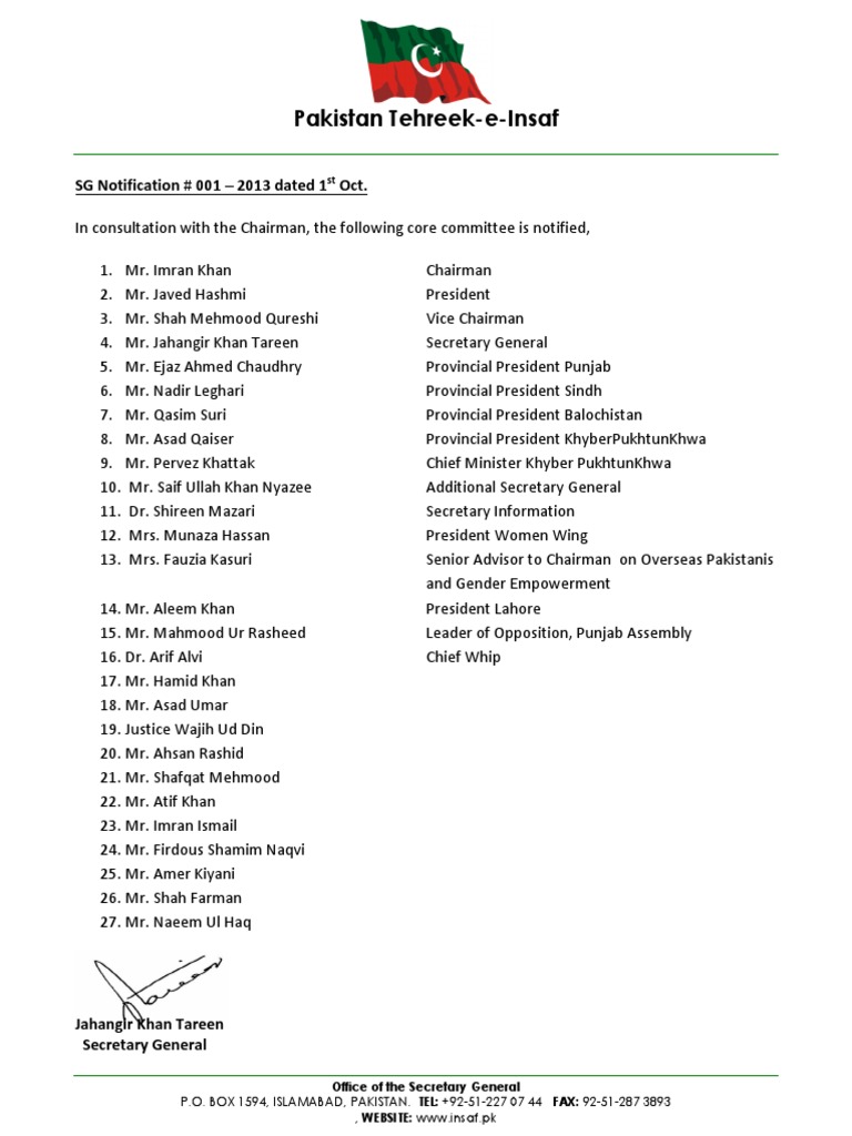 Notification PTI Core Committee | PDF