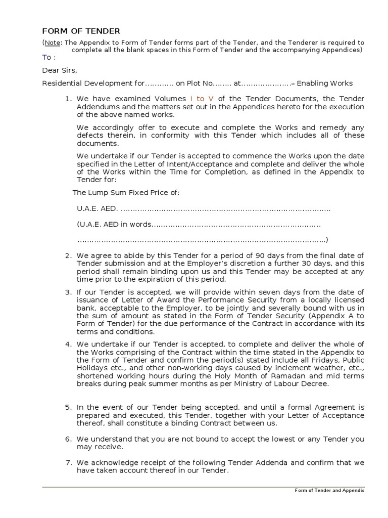 Form of Tender and Appendix to Tender(1) | Private Law | Social ...