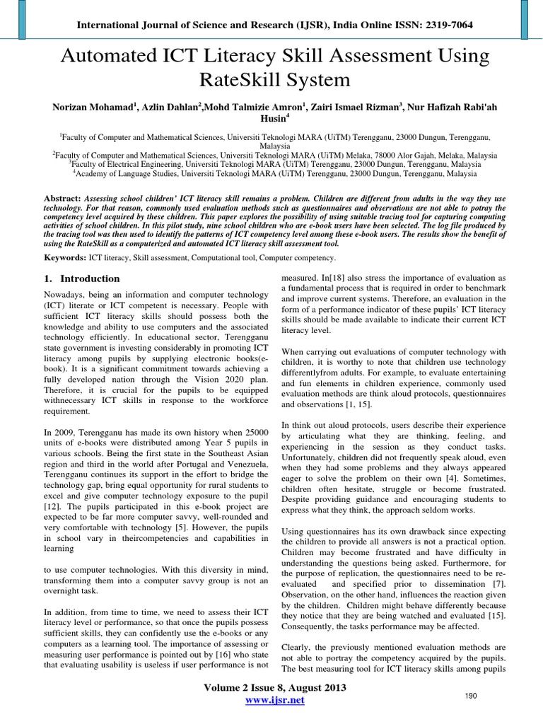 Automated ICT Literacy Skill Assessment Using RateSkill System | PDF ...