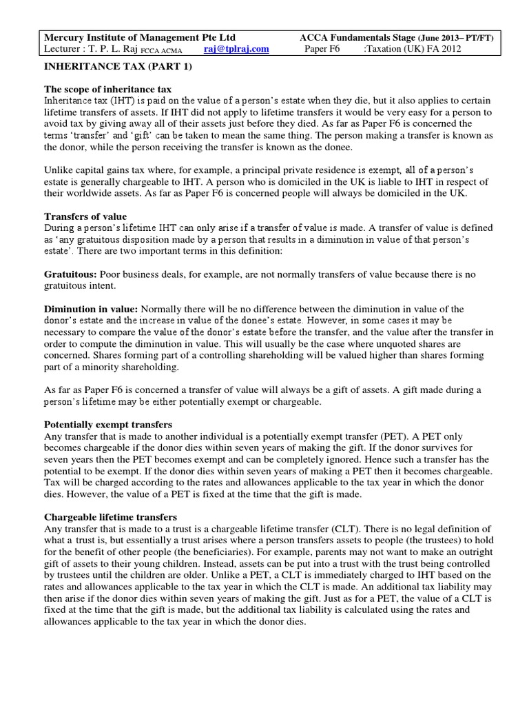 Inheritance Tax - Notes | PDF | Inheritance Tax | Mortgage Loan