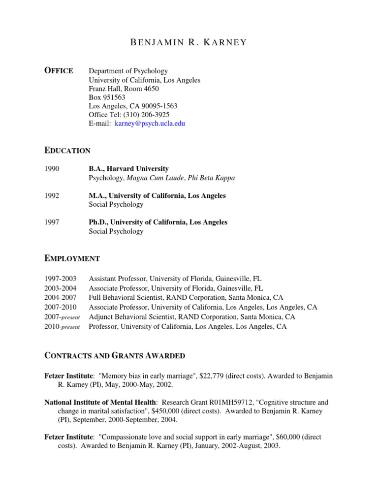 Benjamin Karney Vitae | PDF | Action (Philosophy) | Psychology