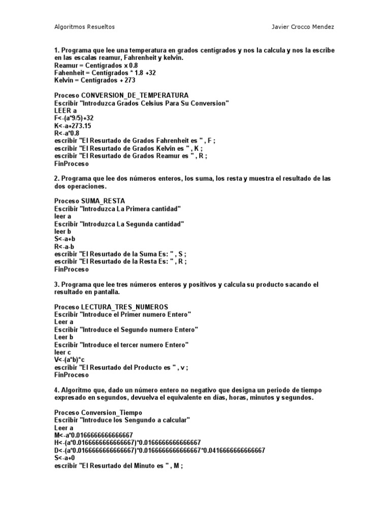 52 Ejercicios Resueltos en Pseudocodigo | PDF | Celsius | Áreas de ...