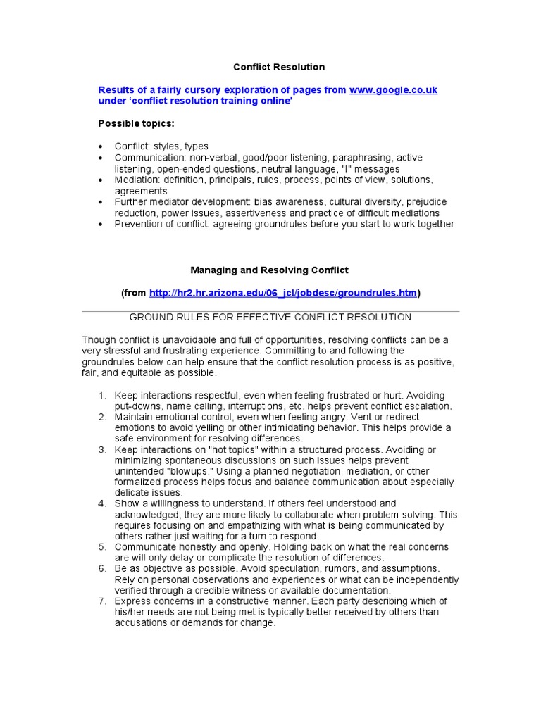 Conflict Resolution Resources | PDF | Conflict Resolution | Mediation