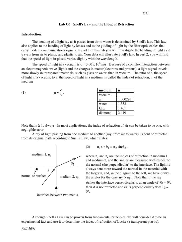Lab O3: Snell's Law and The Index of Refraction: Fall 2004 | PDF ...