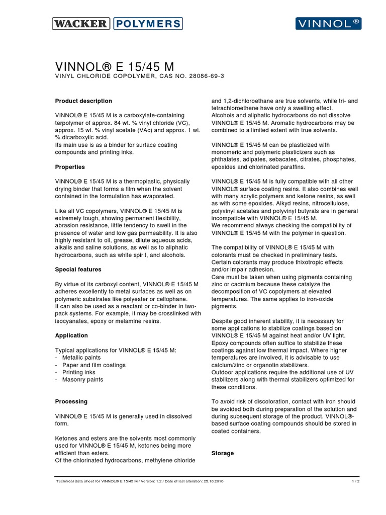 VINNOL® E 15/45 M: Product Description | PDF | Epoxy | Polyvinyl Chloride