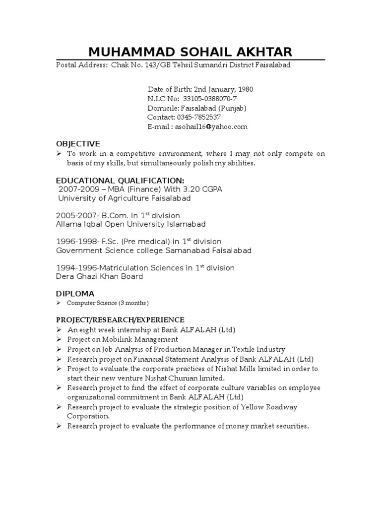 Muhammad Sohail Akhtar CV Summary | PDF