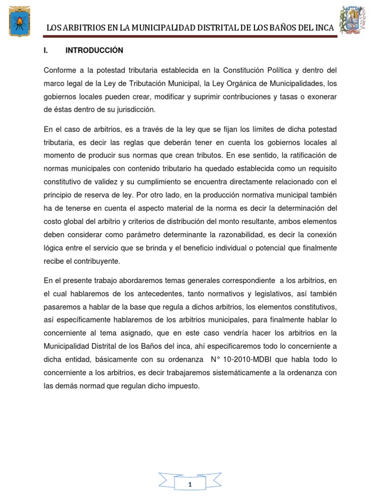 Los Arbitrios en La Municipalidad Distrital de Los Baños Del Inca | PDF | Impuestos | Gobierno