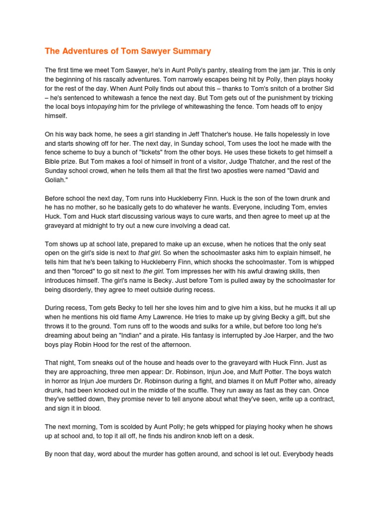 The Adventures of Tom Sawyer Summary.docx | Huckleberry Finn | The ...