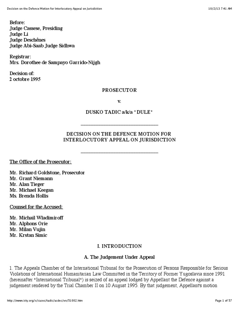Tadic Case | PDF | Jurisdiction | Appeal