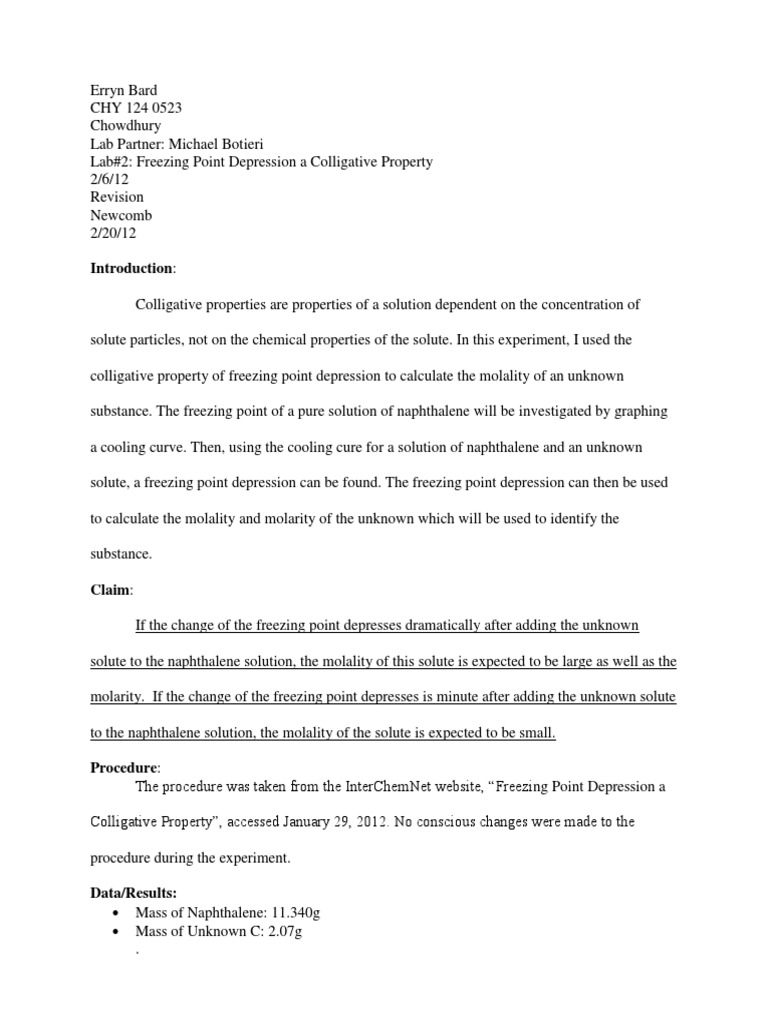 Freezing Point Depression Lab | PDF | Molar Concentration | Physical ...