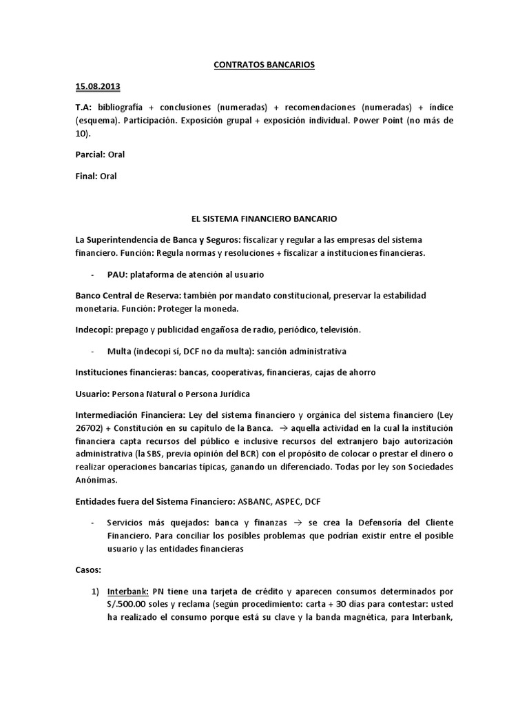CONTRATOS BANCARIOS | Bancos | Sistema financiero