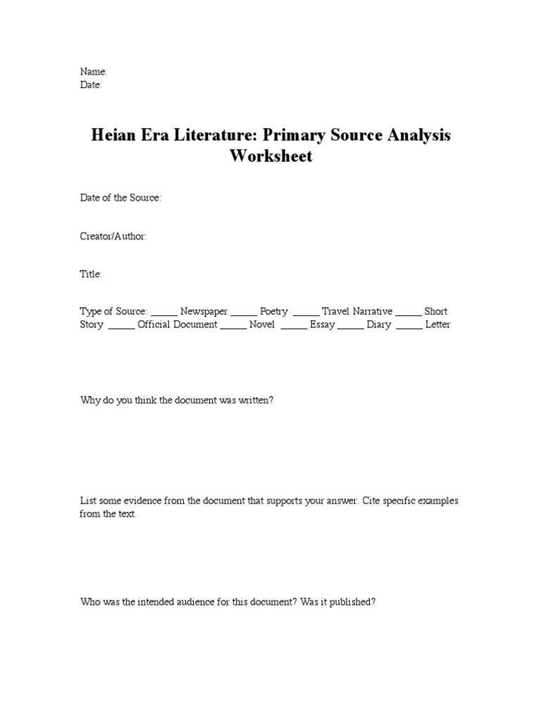 Heian Literature Analysis Worksheet | PDF