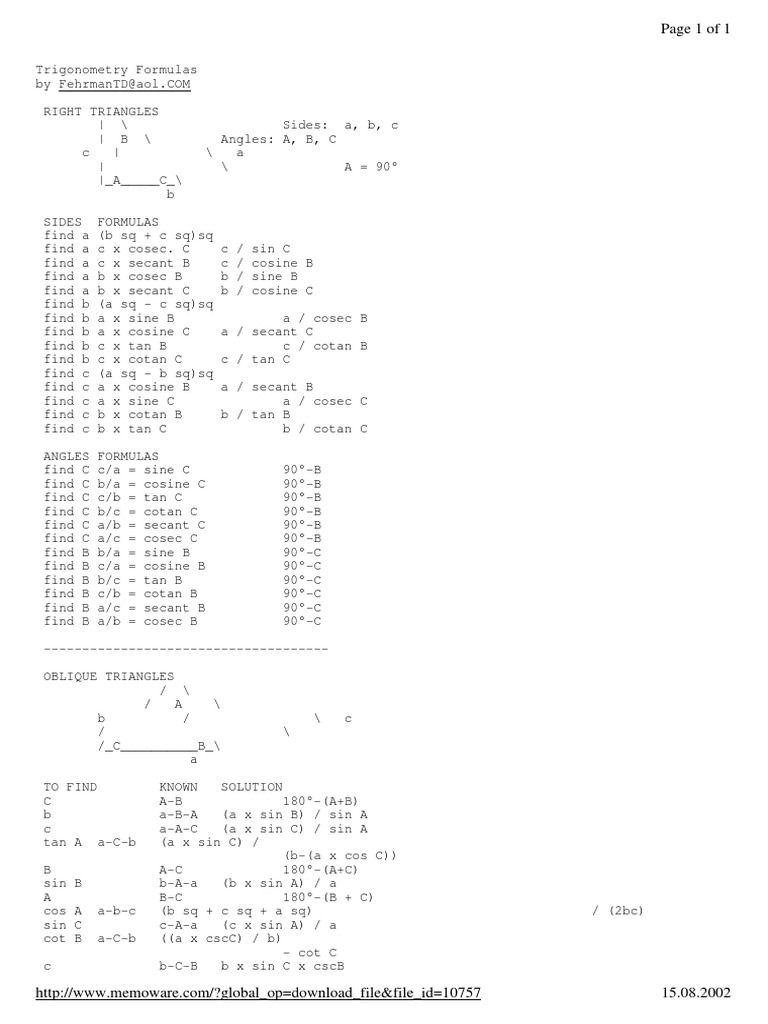 (Ebook - PDF) - Mathematics - Trigonometry Formulas (Version 1) | PDF ...