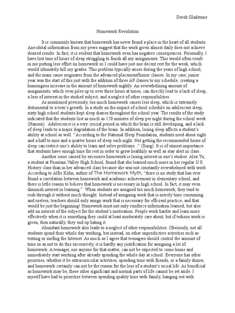 Essay - "Homework Revolution" | PDF | Homework | Sleep