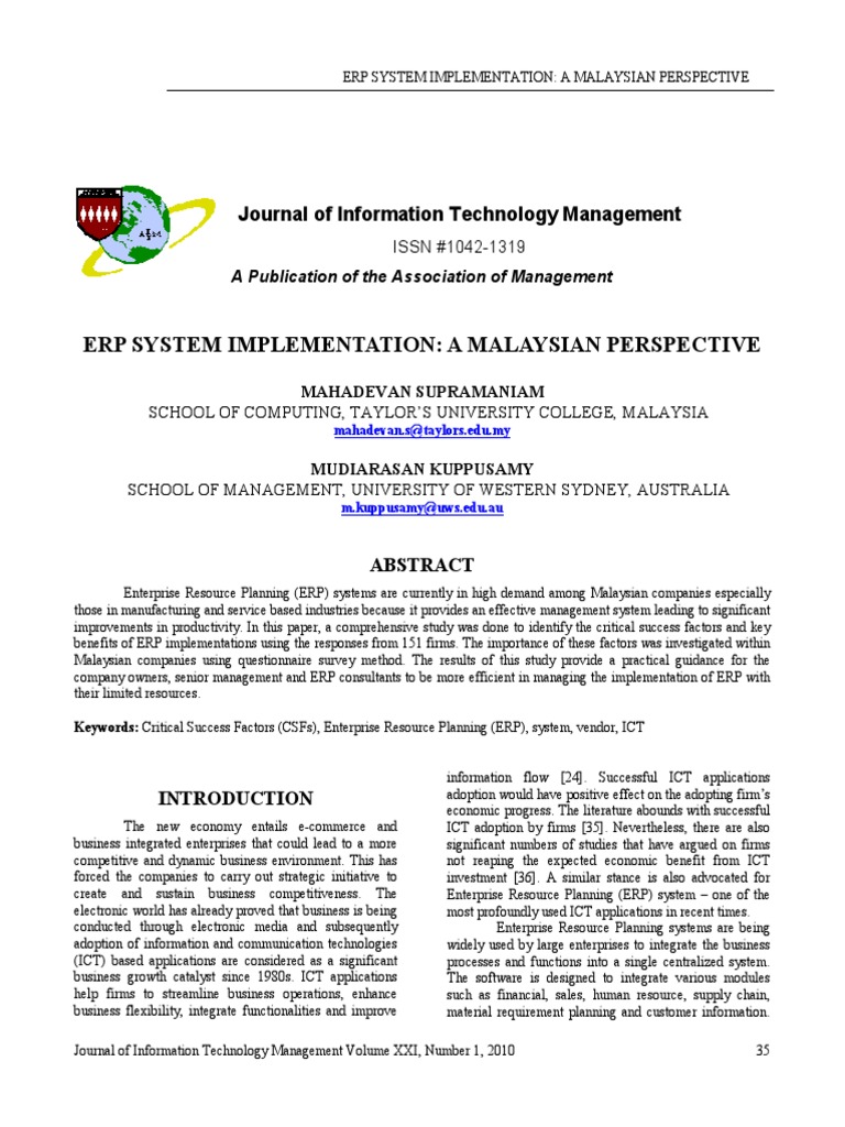 Erp System Implementation A Malaysian Perspective Article3 Pdf Enterprise Resource
