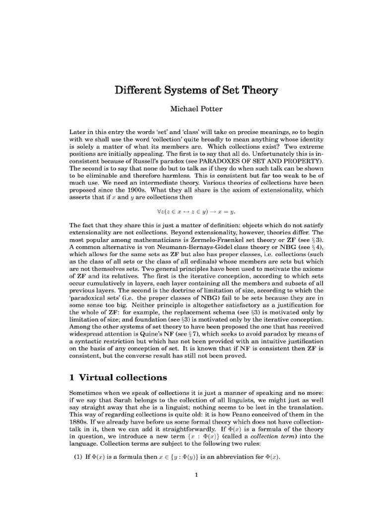 Different Systems of Set Theory | PDF | Axiom | Set (Mathematics)
