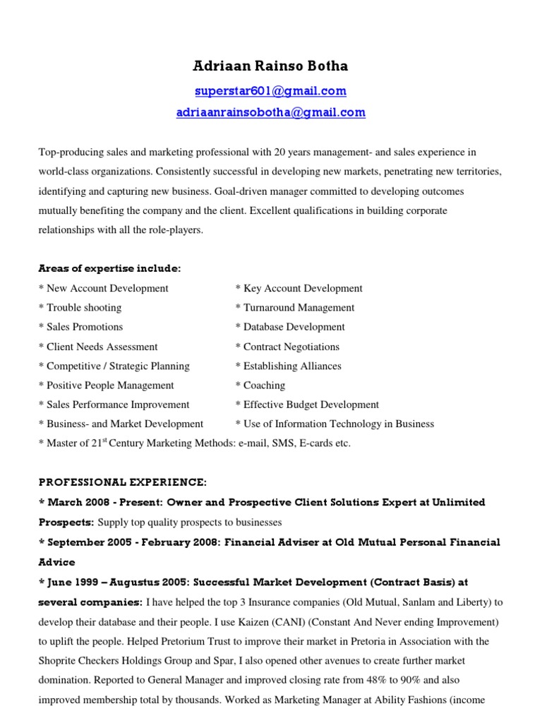 Adriaan Rainso Botha CV Resume Curriculum Vitae | PDF | Sales | Needs Assessment