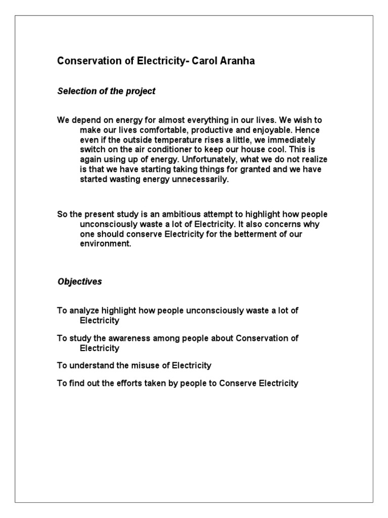 Conservation of Electricity EVS Full Report AND Project Syjc | PDF ...