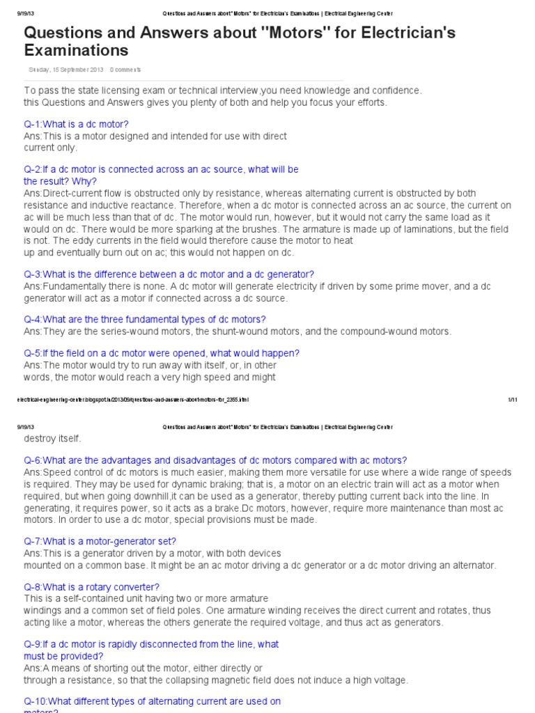 Questions and Answers About - Motors - For Electrician's Examinations ...