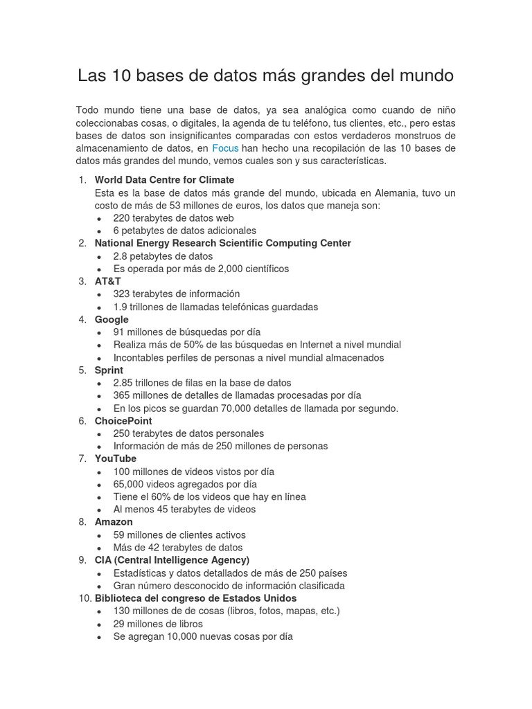 Las 10 Bases de Datos Más Grandes Del Mundo | PDF | Agencia Central de ...