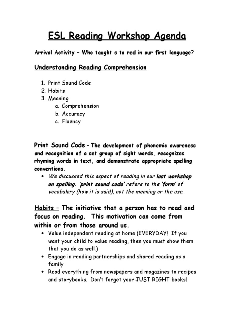 ESL Reading Workshop Agenda Overview | PDF | Career & Growth | Language ...