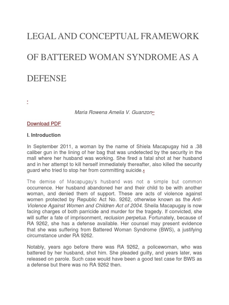 Legal and Conceptual Framework of Battered Woman Syndrome As A Defense ...