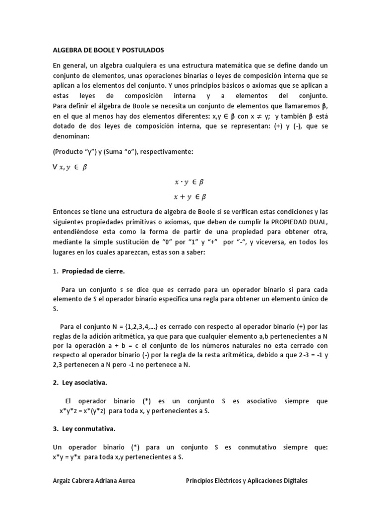 Algebra de Boole y Postulados | PDF | Conjunto (Matemáticas ...