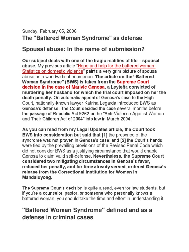 The Battered Woman Syndrome As Defense | PDF