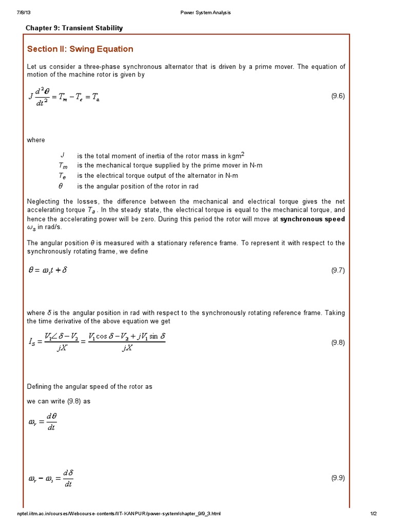 Power Swing Equation | Torque | Speed