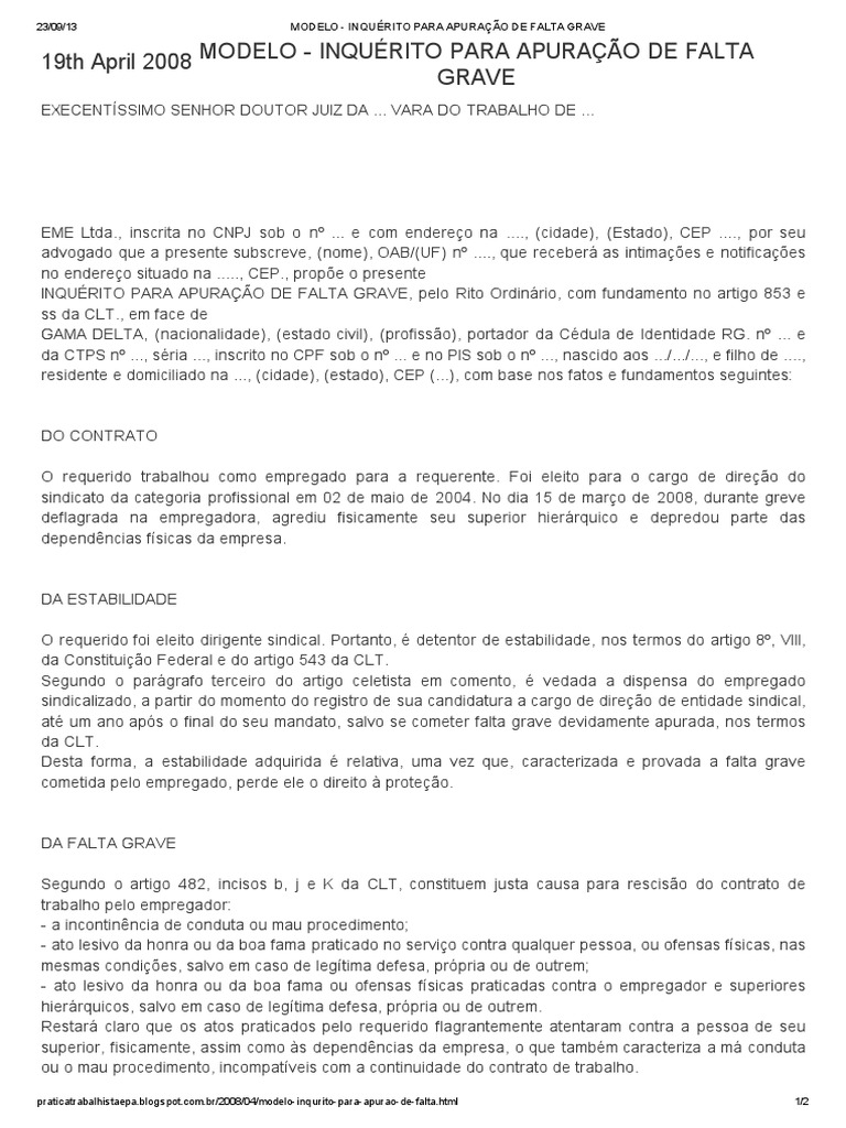 Modelo - Inquérito para Apuração de Falta Grave | Trabalho Temporário ...
